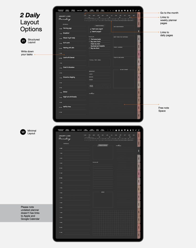 2026 Undated Dark Mode Digital Planner, Goodnotes & Notability Journal ...