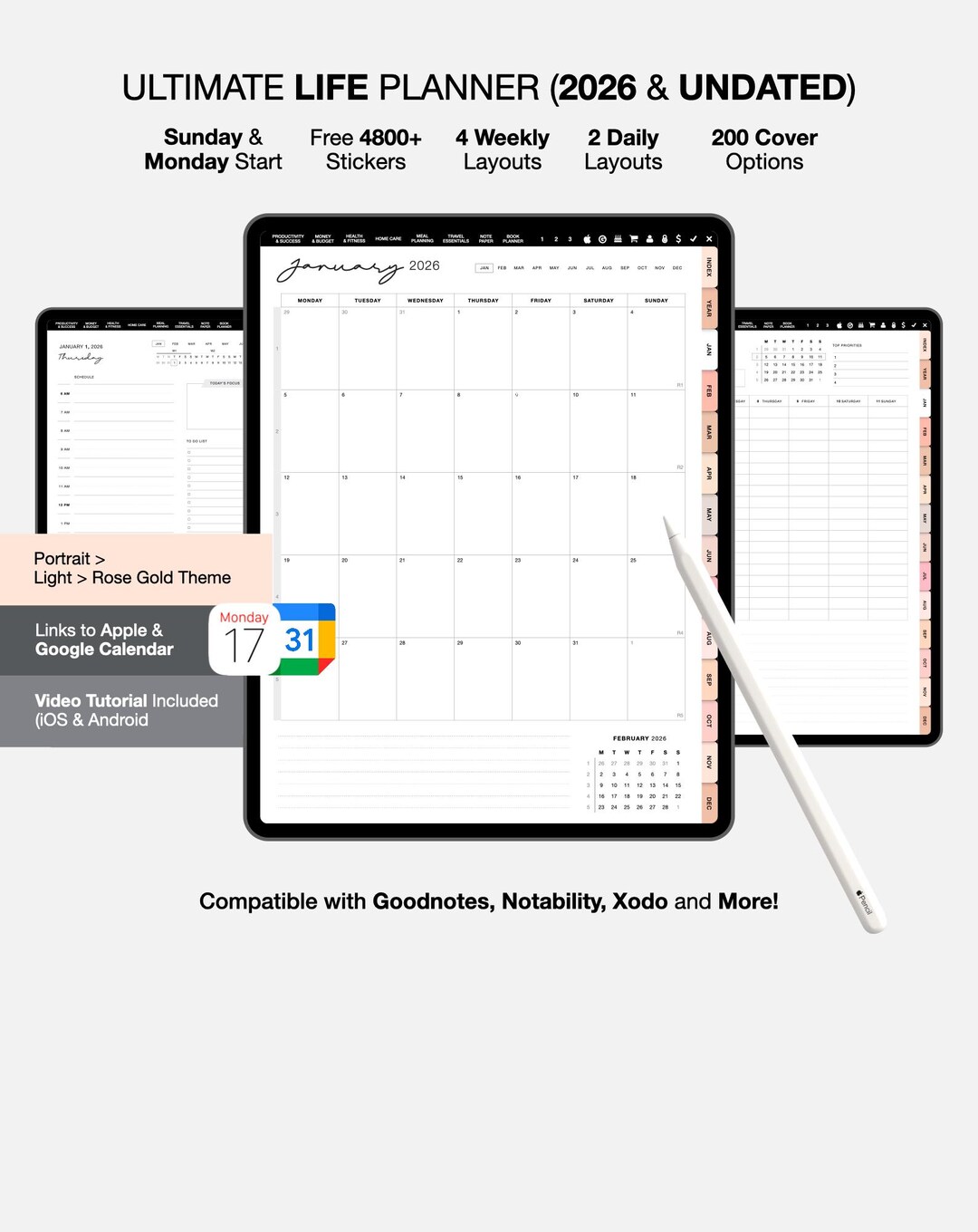 Minimal Digital Planner, 2026, Undated, Rose Gold Tabs, Stickers (PDF ...