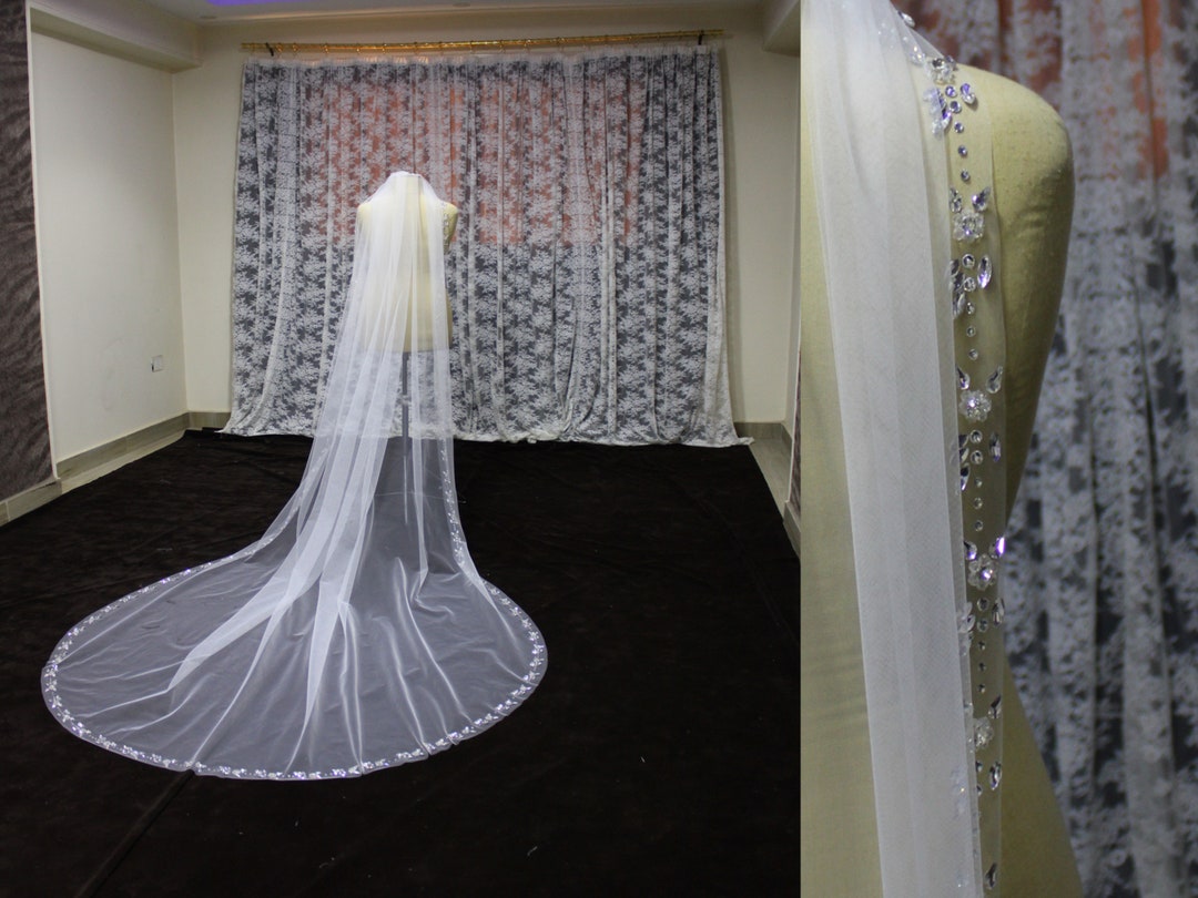 Wedding Veil Crystals Edge, Bridal Veil With Beads, Veil With Silver ...