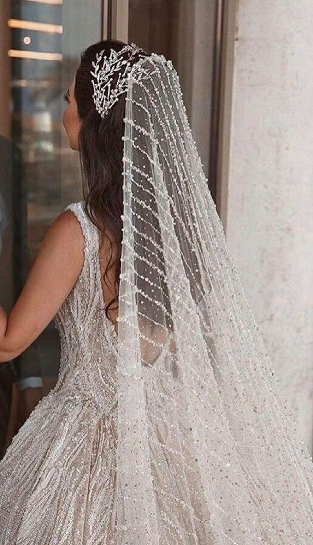 Beaded Veil Crystals Edge, Wedding Veil With Beads, Pearls Crystal Veil ...