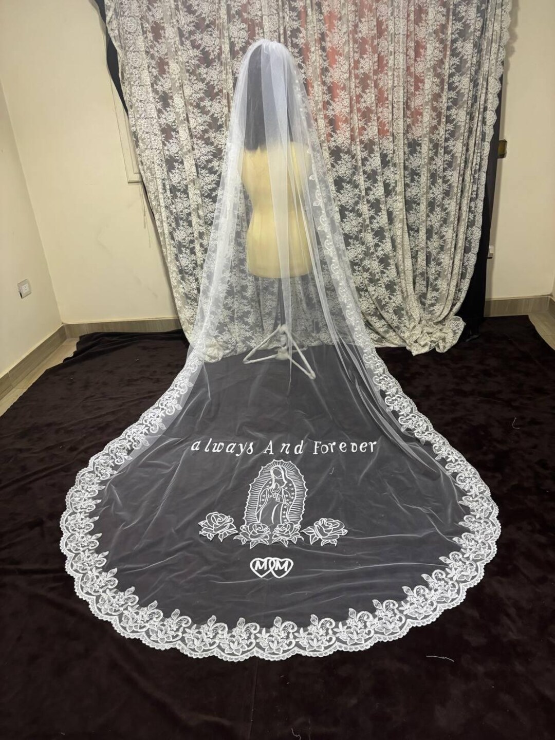 Bridal Veil Virgin Guadalupe, Bespoke 1 Tier Veil, Embroidery Veil With ...