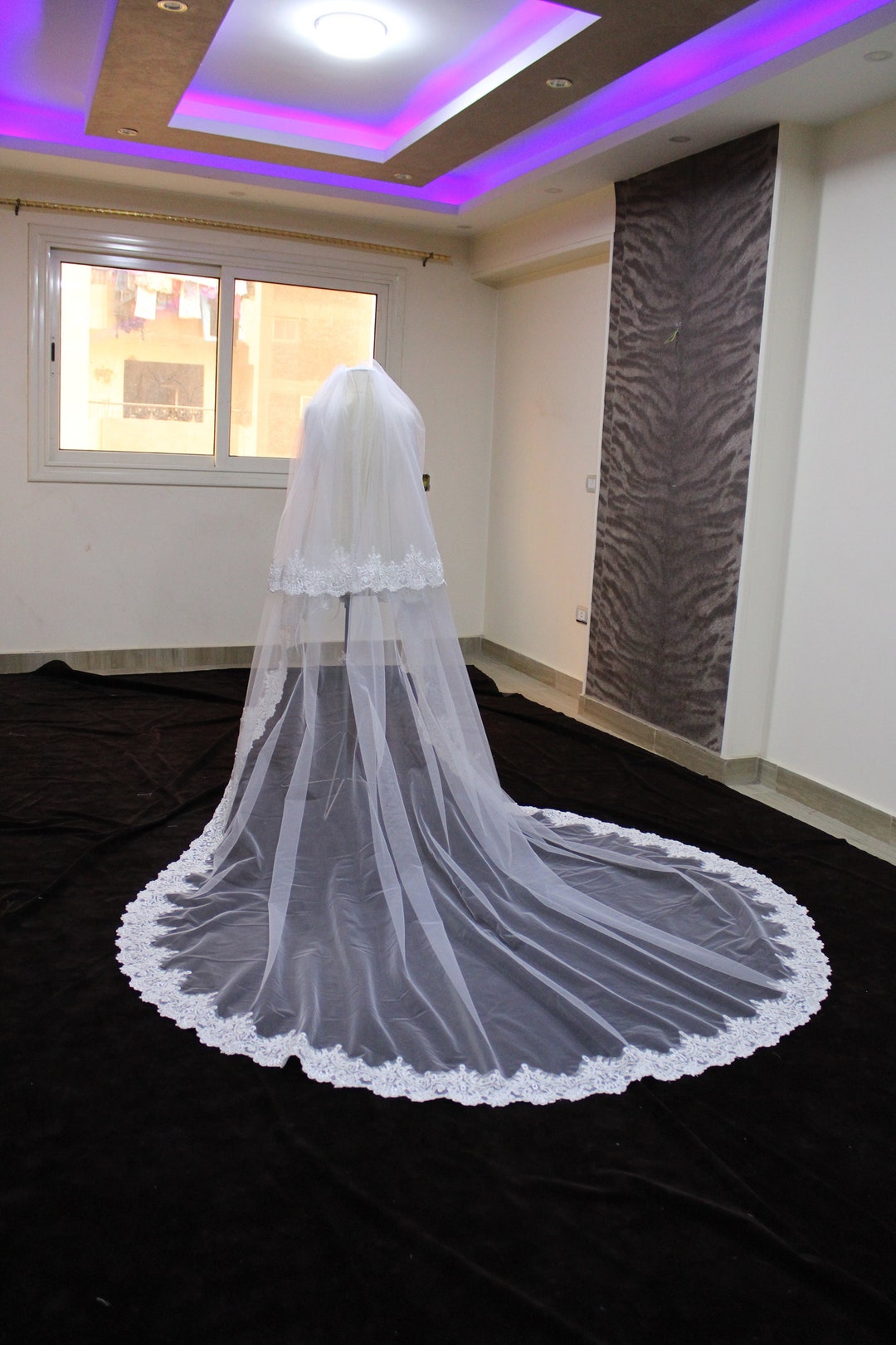 Wedding Veil 2 Tier Lace, Veil Lace Edge, Vintage Veil, Ivory Lace Veil ...