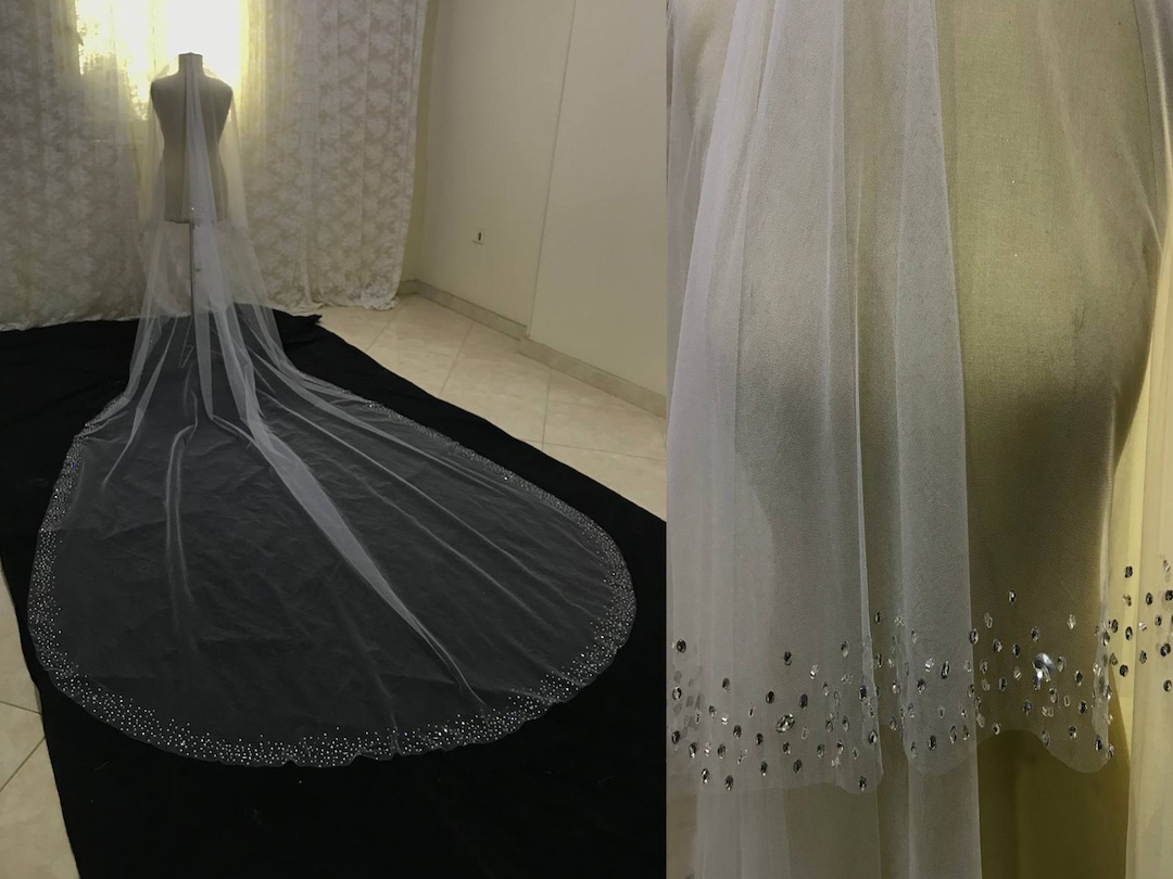 Bridal Veil 2 Tier Rhinestones, Veil Beaded Edge, Bridal Veil Crystals ...