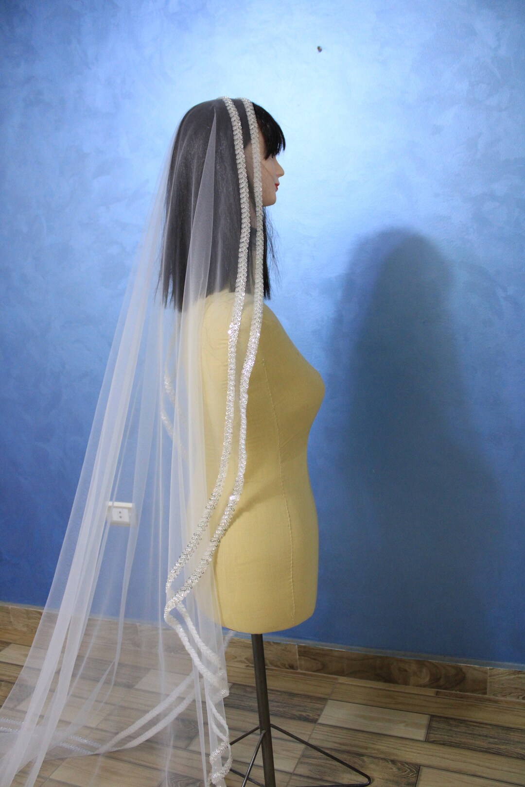 Beaded Cathedral Veil, Crystal Edge Veil, Cathedral Silver Beads Veil ...