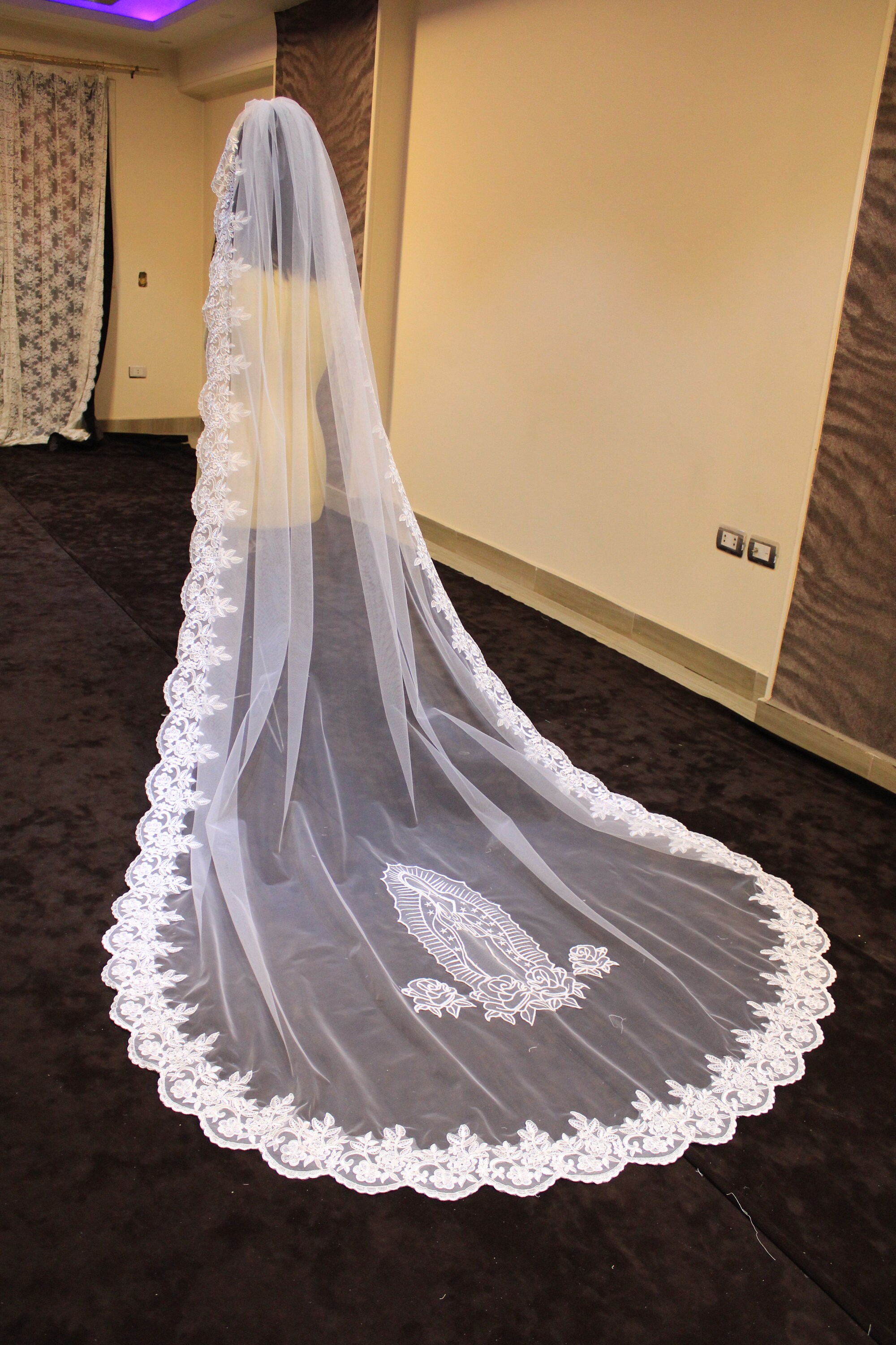 Bridal Veil Virgin Guadalupe, Bespoke 1 Tier Veil, Embroidery Veil With ...