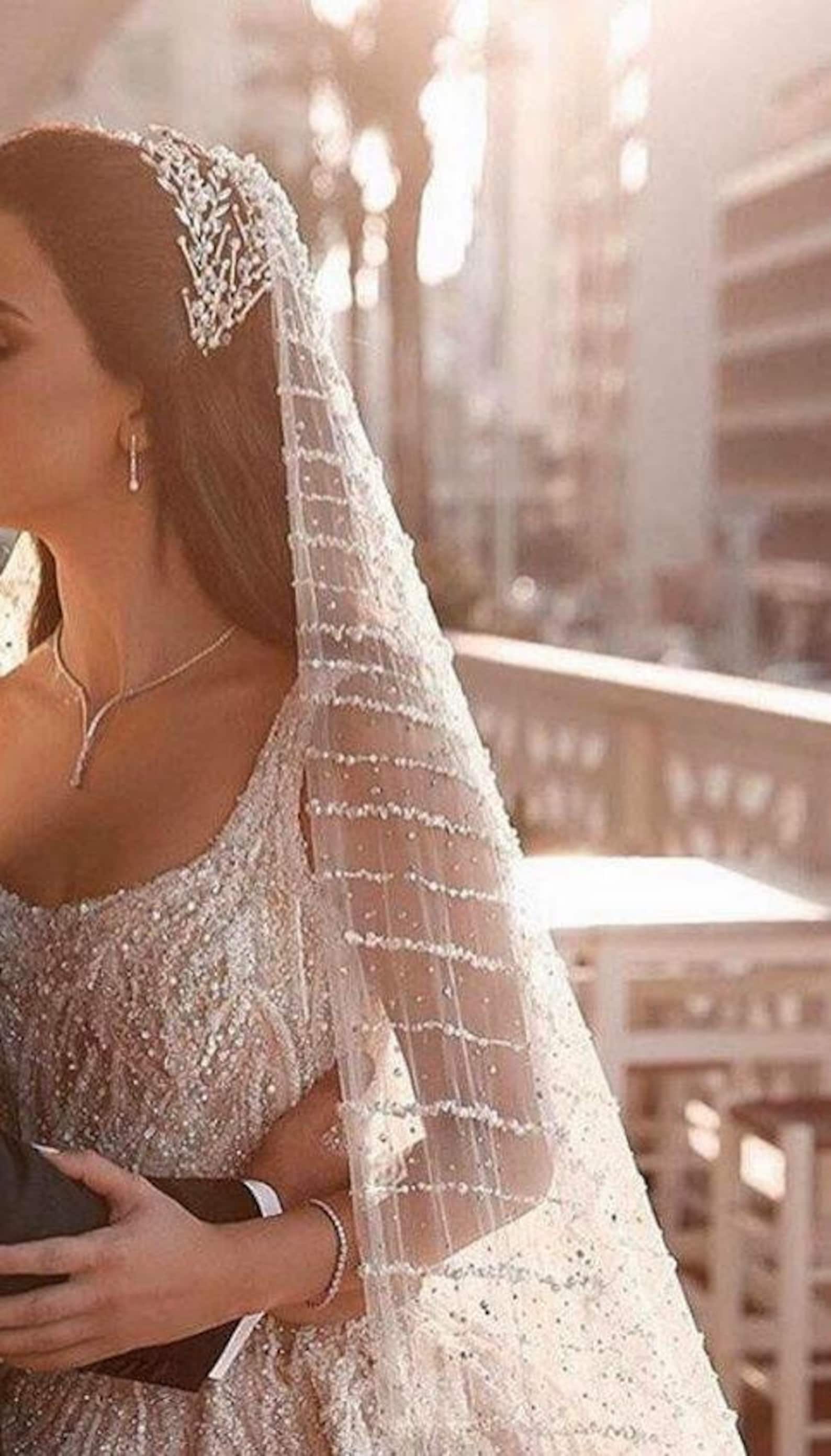 Beaded Veil, Crystals Wedding Veil, Bridal Veil With Beads, Pearls Veil With Rhinestones, Bridal ...