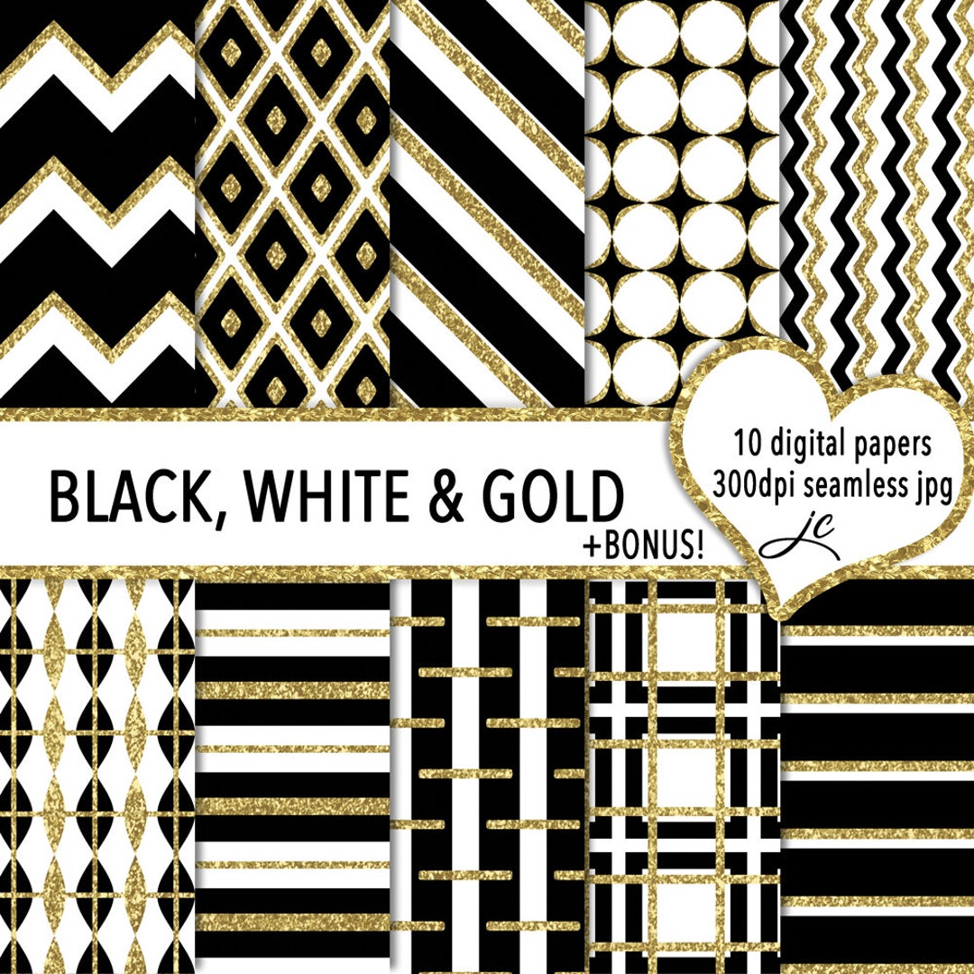 Black, White & Gold Digital Papers + Bonus Pattern Files, Seamless ...