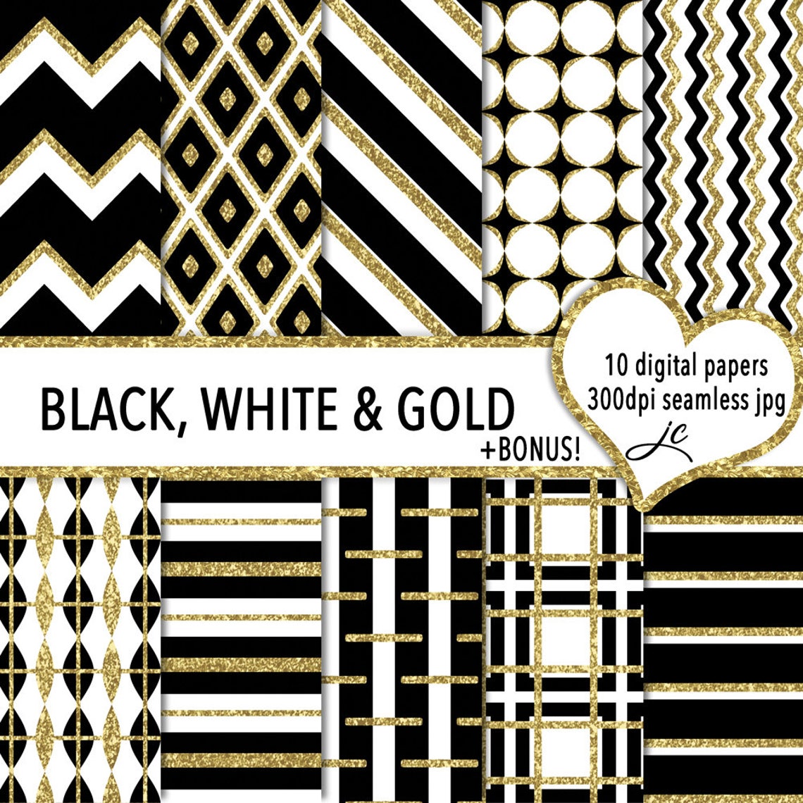 Black White & Gold Digital Papers Bonus Pattern Files - Etsy