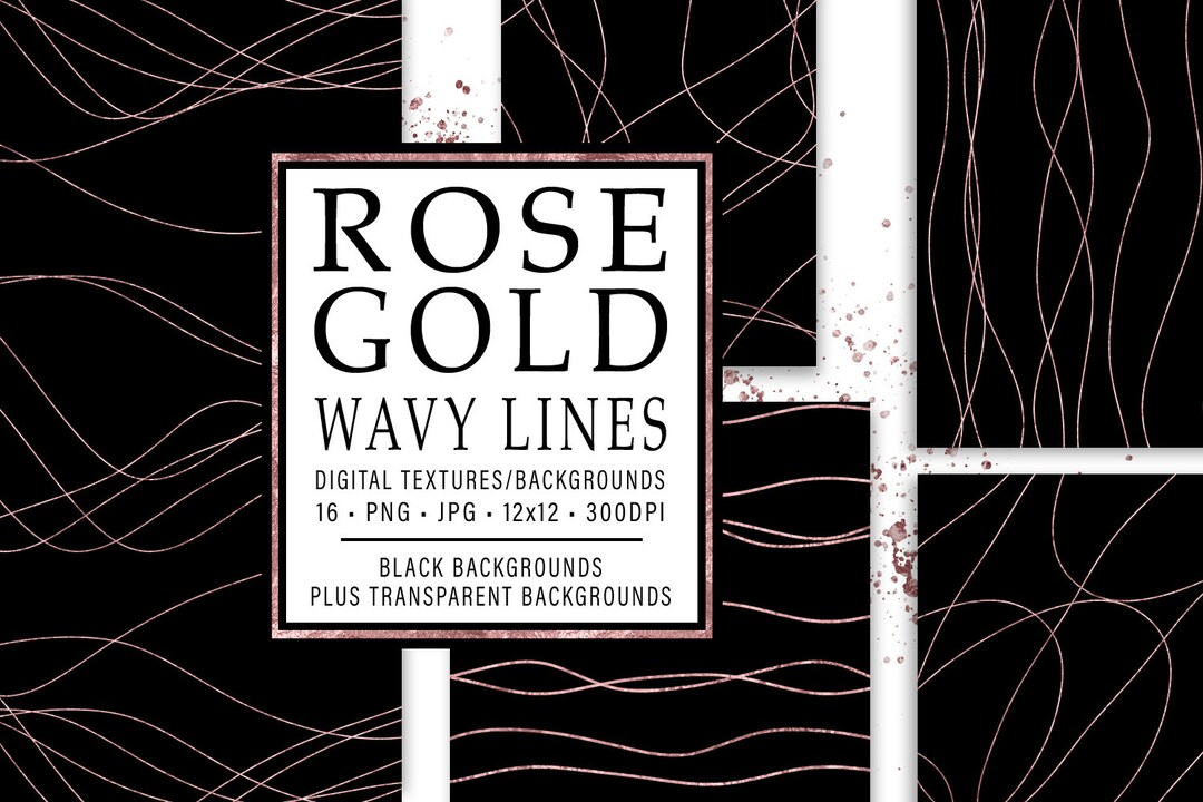 Rose Gold Wavy Lines Digital Paper: Black & Transparent Backgrounds ...