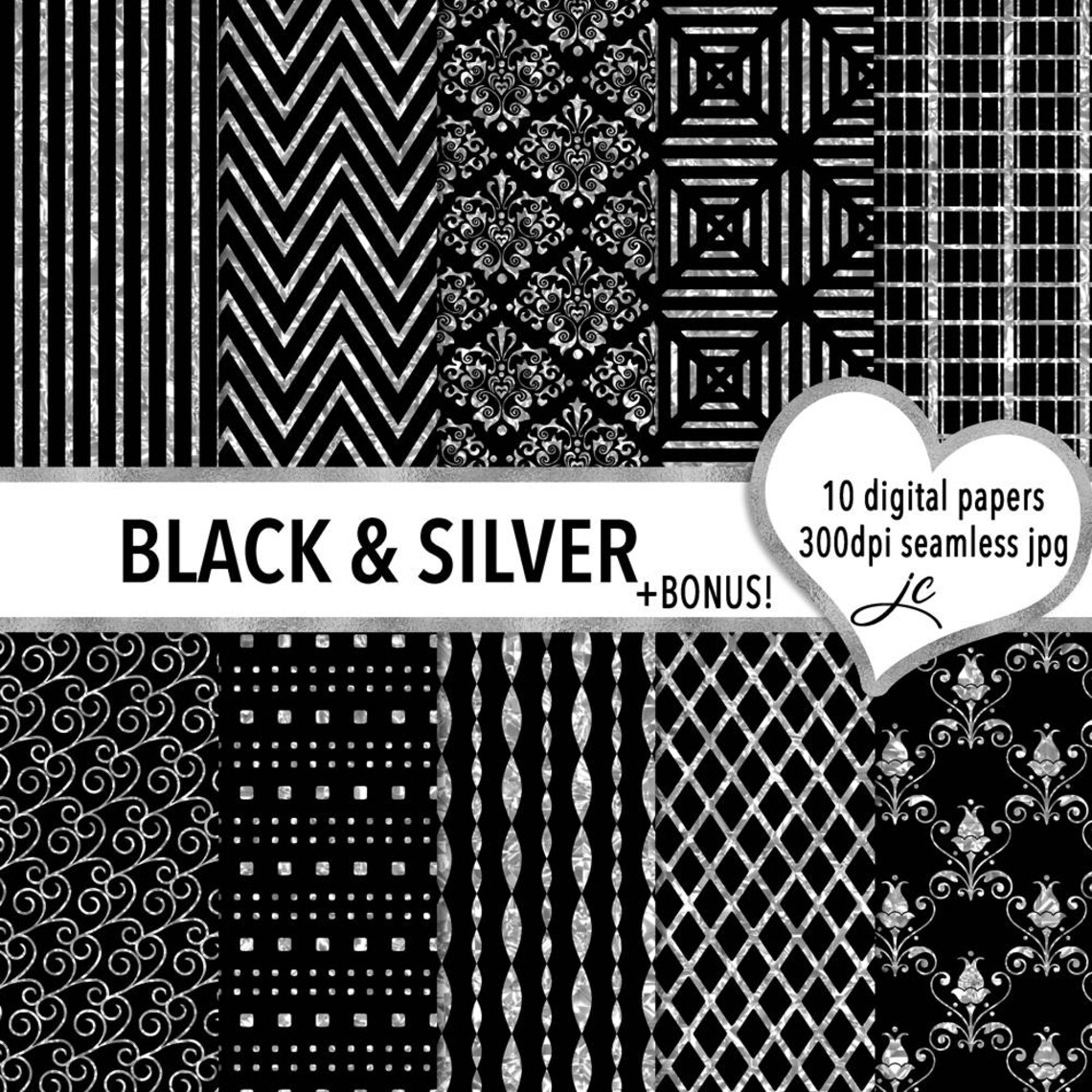 Black and Silver Digital Papers BONUS Photoshop Pattern - Etsy Australia