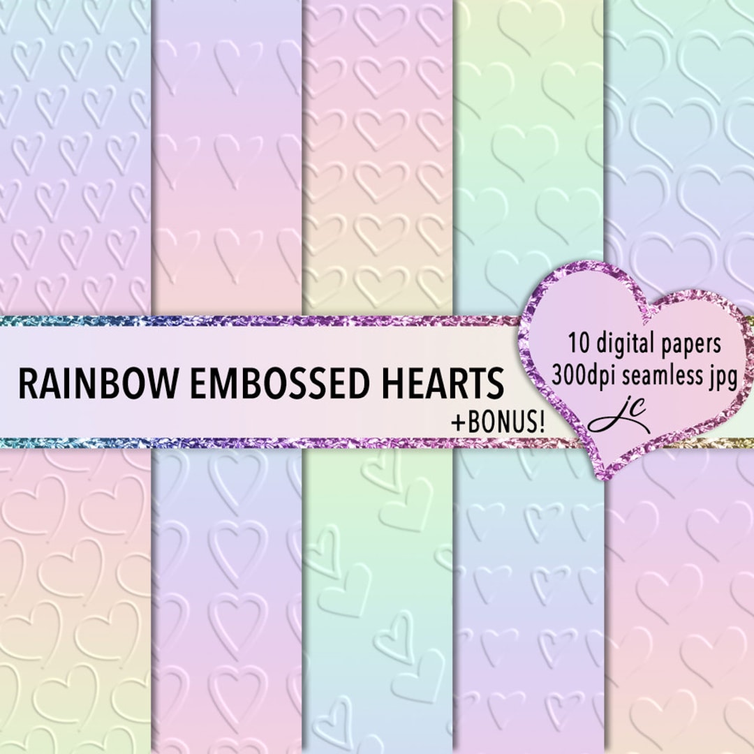 Rainbow Embossed Hearts Digital Papers + Bonus Pattern File, Seamless ...