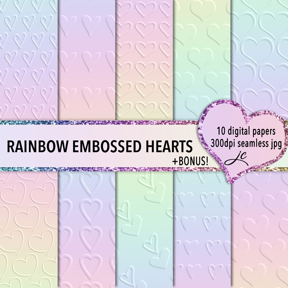 Rainbow Embossed Hearts Digital Papers Bonus Pattern File, Seamless ...