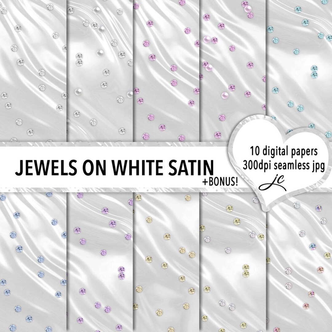 Jewels on White Satin Digital Paper: Seamless Backgrounds (JPG ...