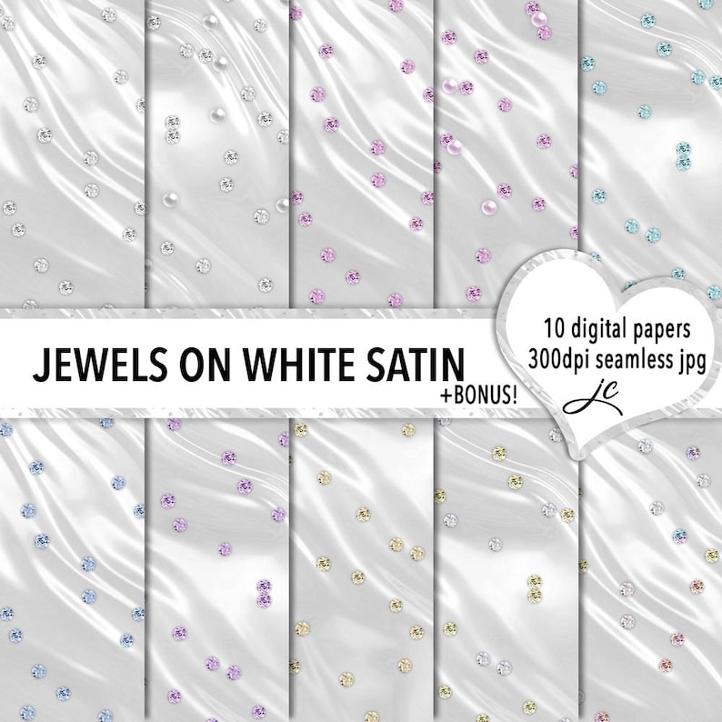 Jewels on White Satin Digital Paper: Seamless Backgrounds (JPG ...