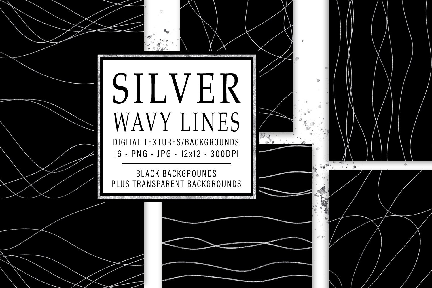 Silver Wavy Lines Textures, Digital Papers, Seamless, Black Backgrounds ...
