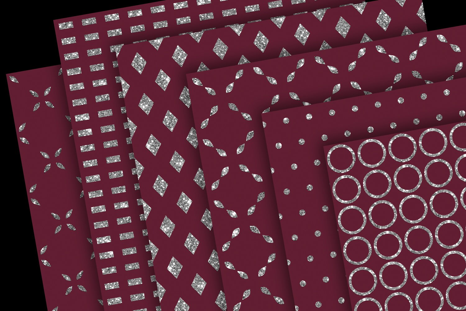 Burgundy and Silver Glitter Patterns, Digital Papers, Seamless ...