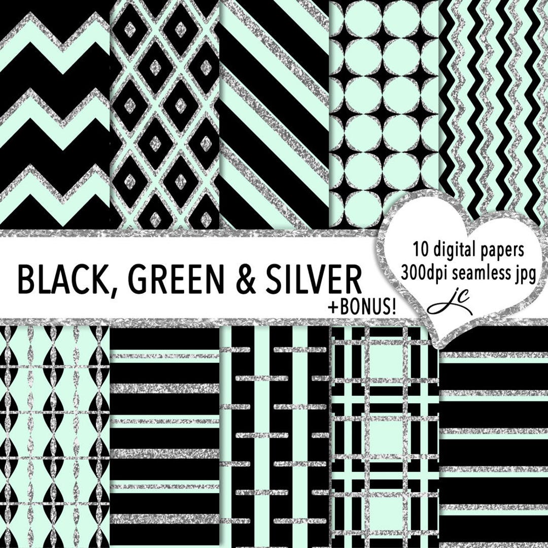 Black, Green & Silver Digital Papers + Bonus Pattern File, Seamless ...