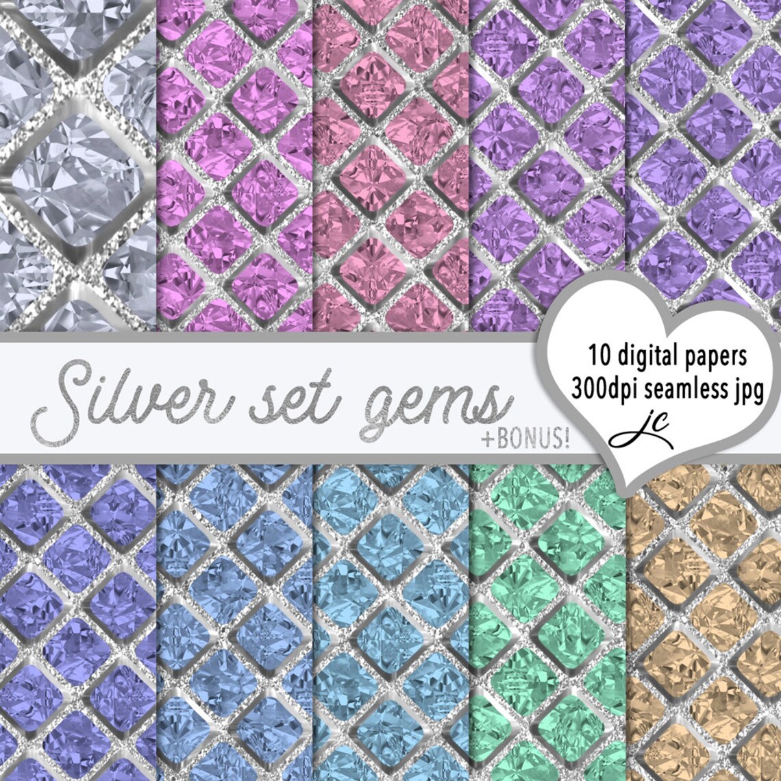 Silver Gems Digital Papers: Jewel Textures, Backgrounds (digital ...