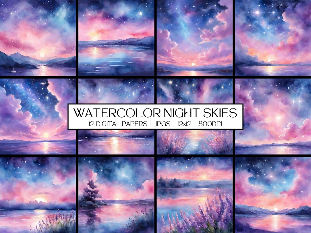 Watercolor Night Skies, Pink Clouds, Backgrounds, Textures, Digital ...