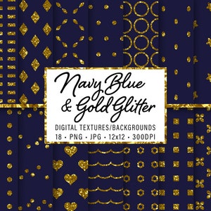 Navy Blue and Gold Glitter Patterns, Digital Papers, Seamless, Textures ...