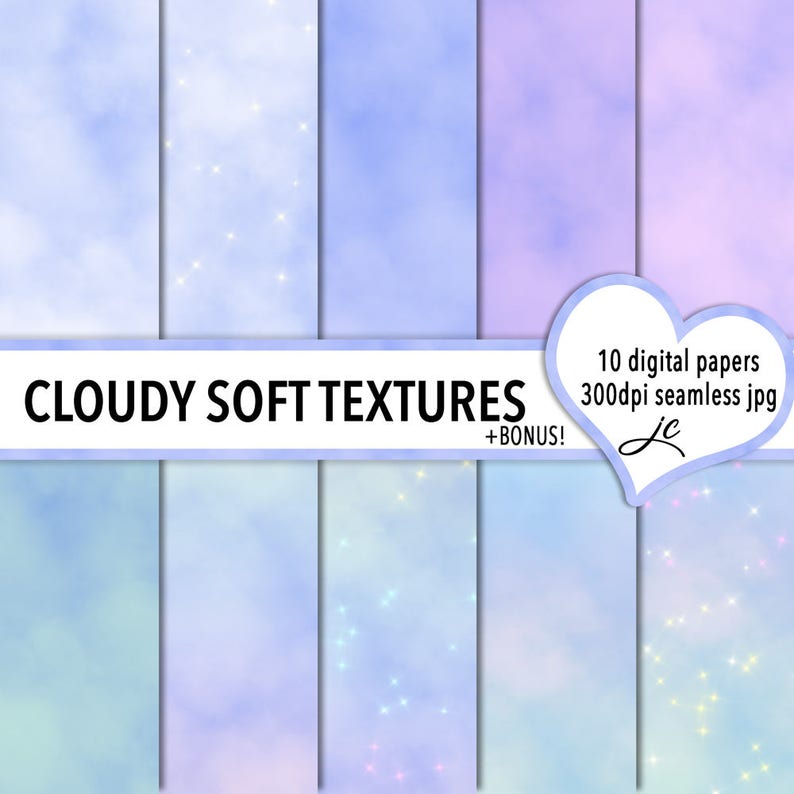 Cloudy Soft Textures Digital Papers BONUS Photoshop Pattern File, Seamless, Backgrounds ...