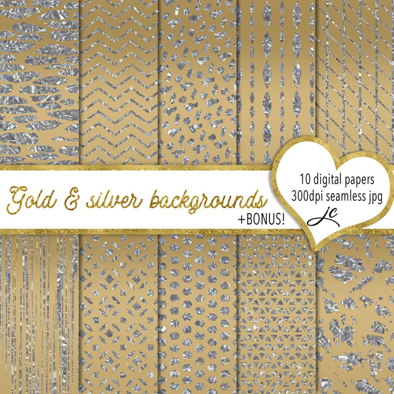 Gold & Silver Digital Paper: Seamless Textures, Backgrounds (JPG + .pat ...