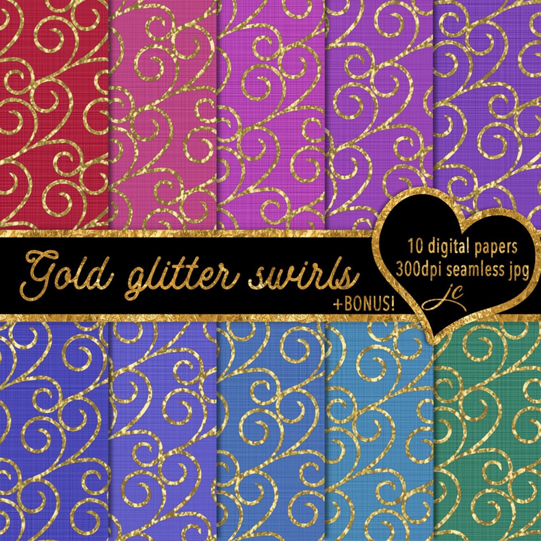 Gold Glitter Swirls Digital Papers + BONUS Pattern Files, Seamless ...