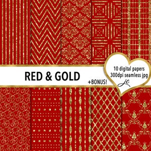 Red and Gold Digital Papers + BONUS Photoshop Pattern File, Seamless ...