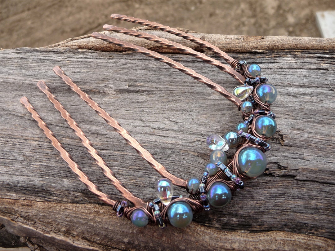 Sapphire Silverite Beaded Hair Comb: Copper Wire Wrap, Blue Crystal - Etsy
