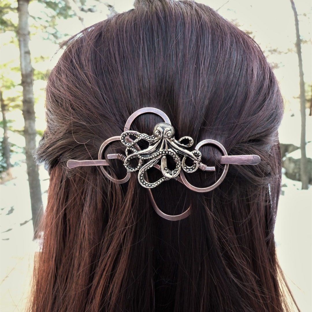 Copper Octopus Hair Barrette With Stick, Silver Sea Creature Hair Pin ...