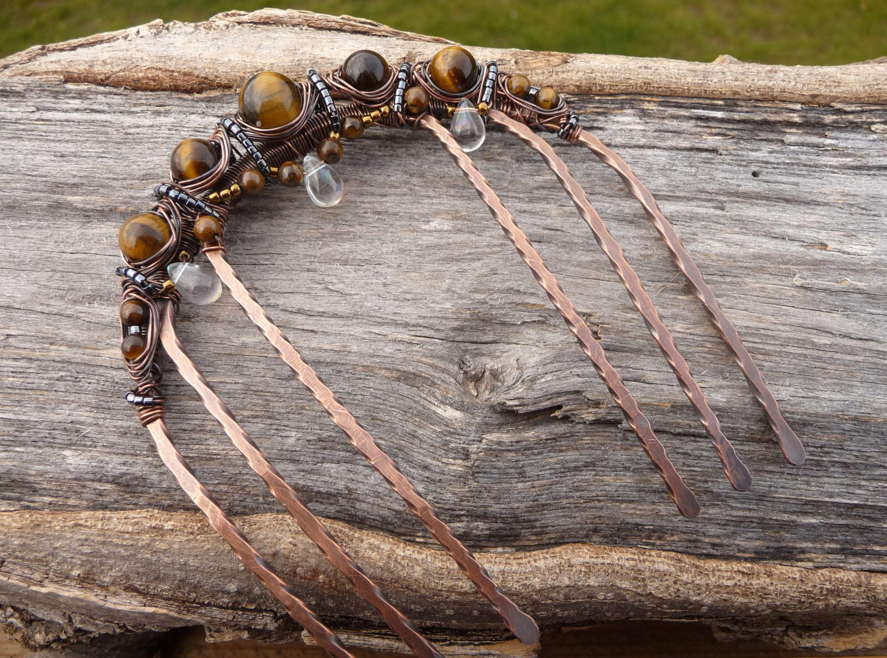 Tiger's Eye Beaded Hair Comb, Copper Wire Wrapped Chignon Pin - Etsy