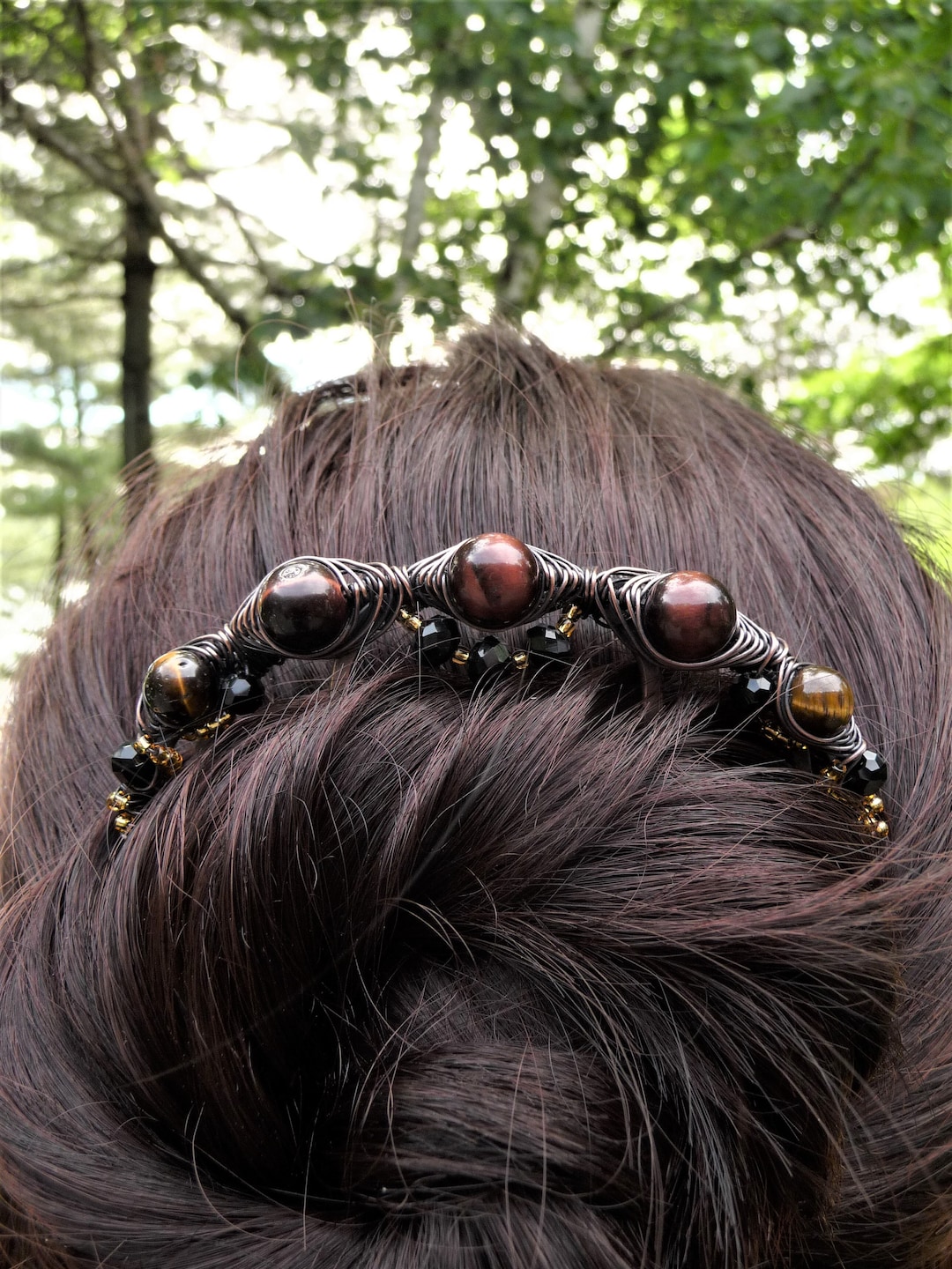 Tiger's Eye Beaded Hair Comb, Patina Copper Metal, Wire Wrapped - Etsy