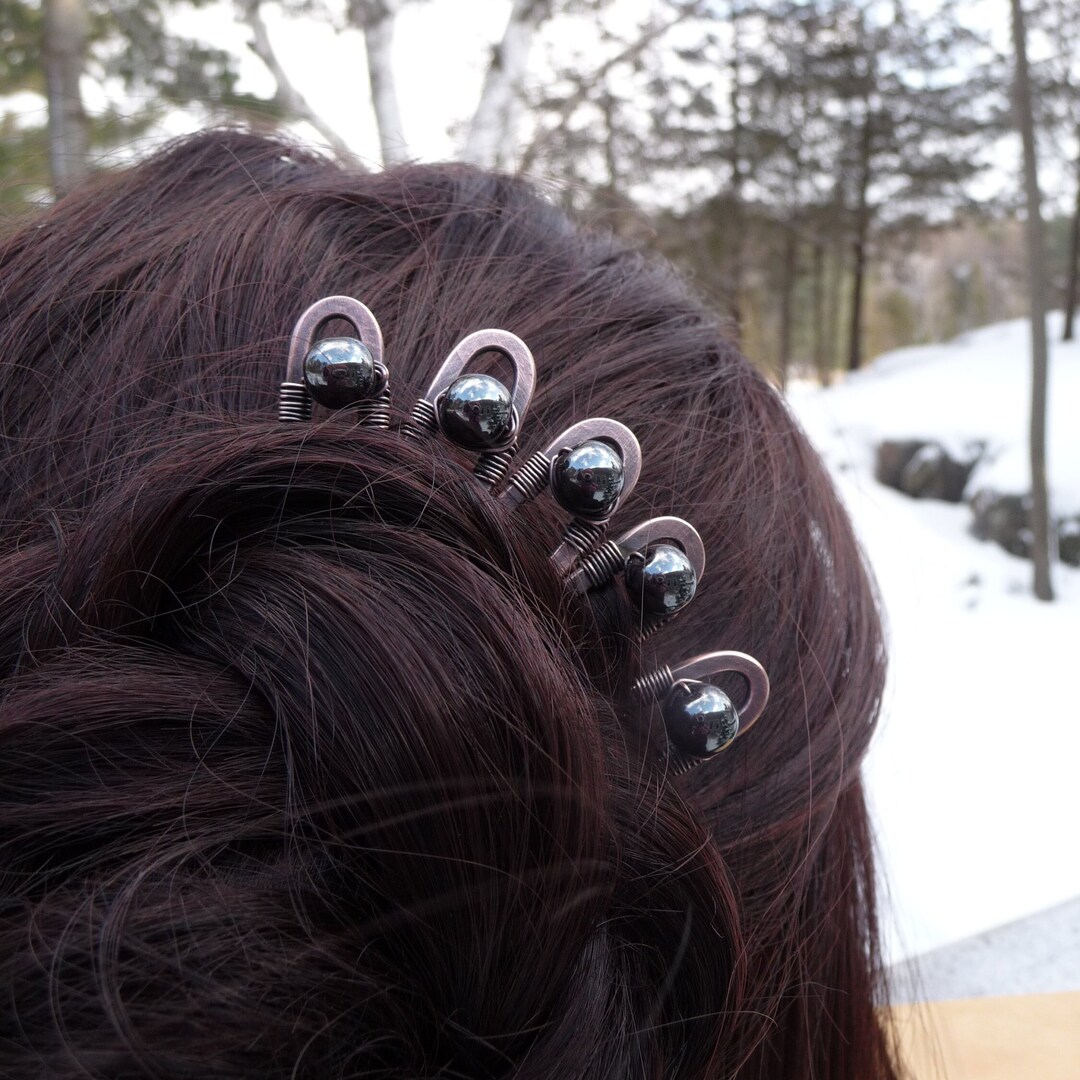 Bun Pins Set of 5 Copper and Silver Hairpin Accessory Fork Hematite ...