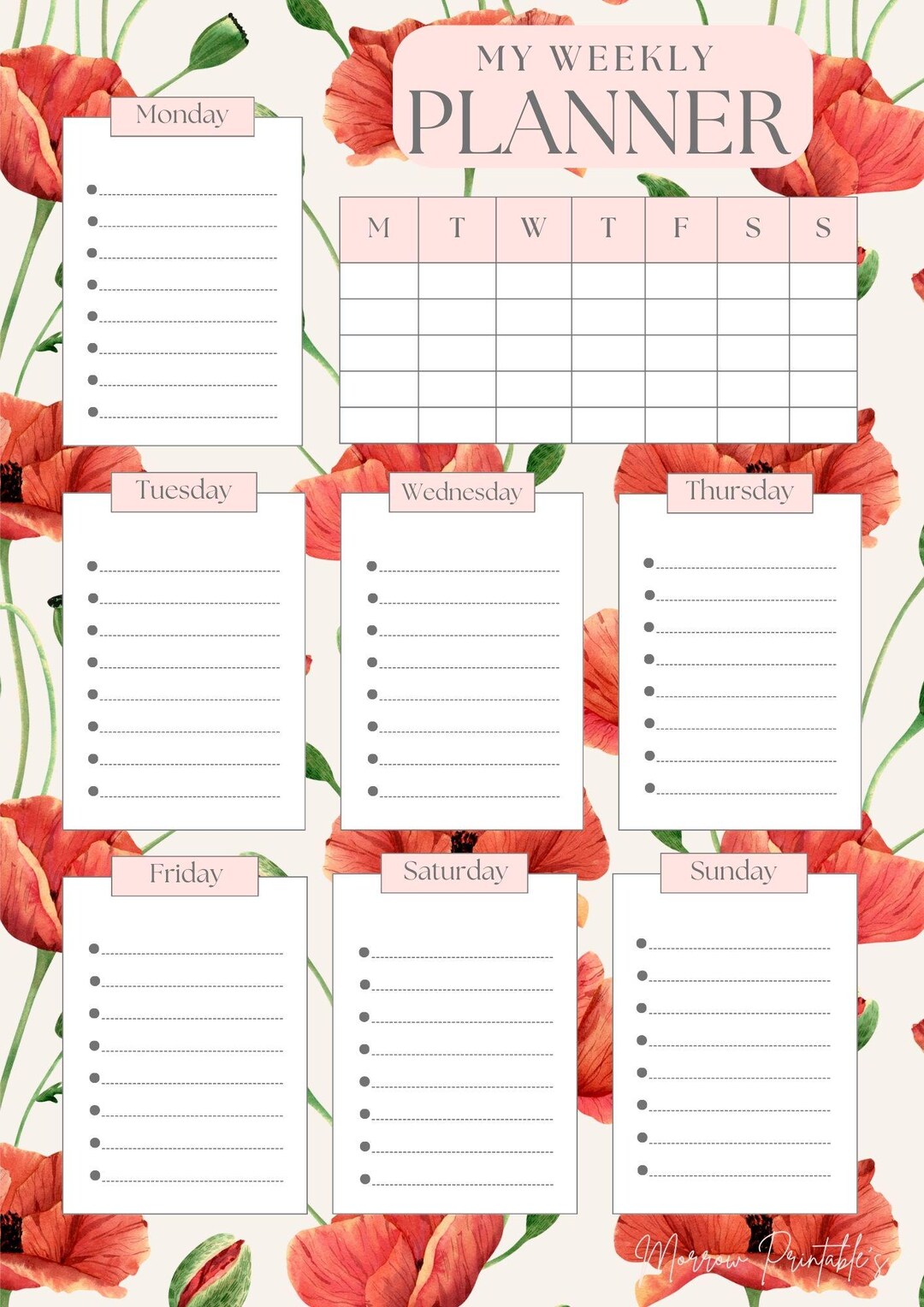 Traditional Weekly Planner, Printable, Floral Weekly Schedule, Week at ...
