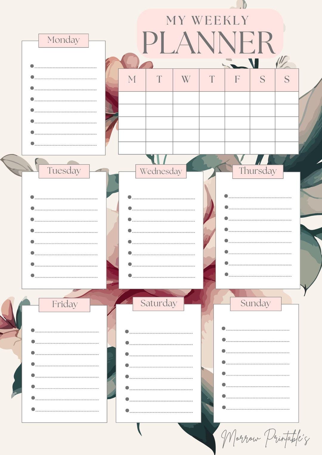 Traditional Weekly Planner, Printable, Floral Weekly Schedule, Week at ...