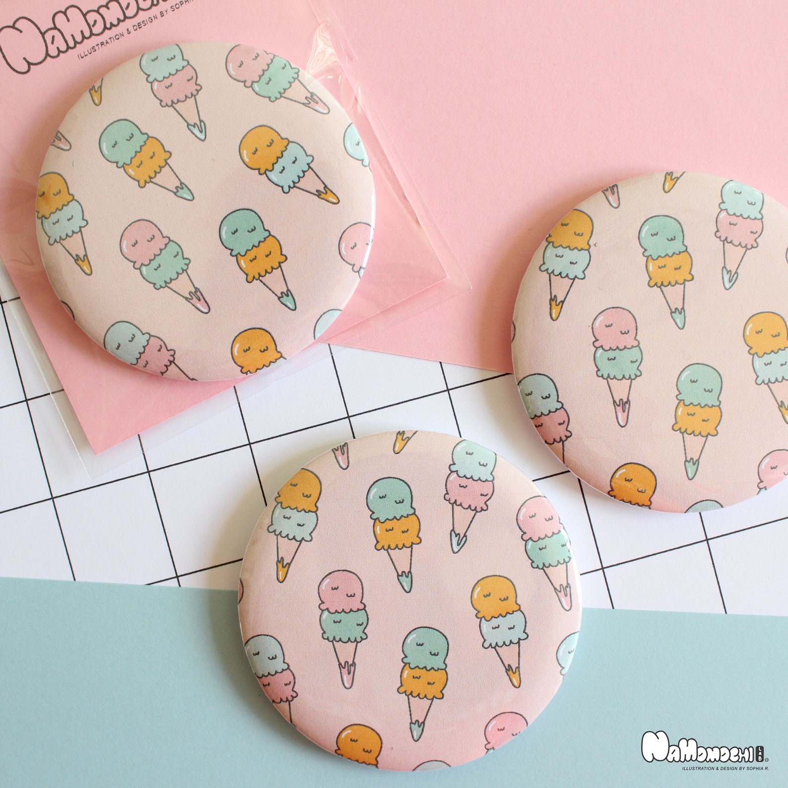 Yummy Ice-creams Buttons, Pinback Buttons, Ice-cream, Illustration ...