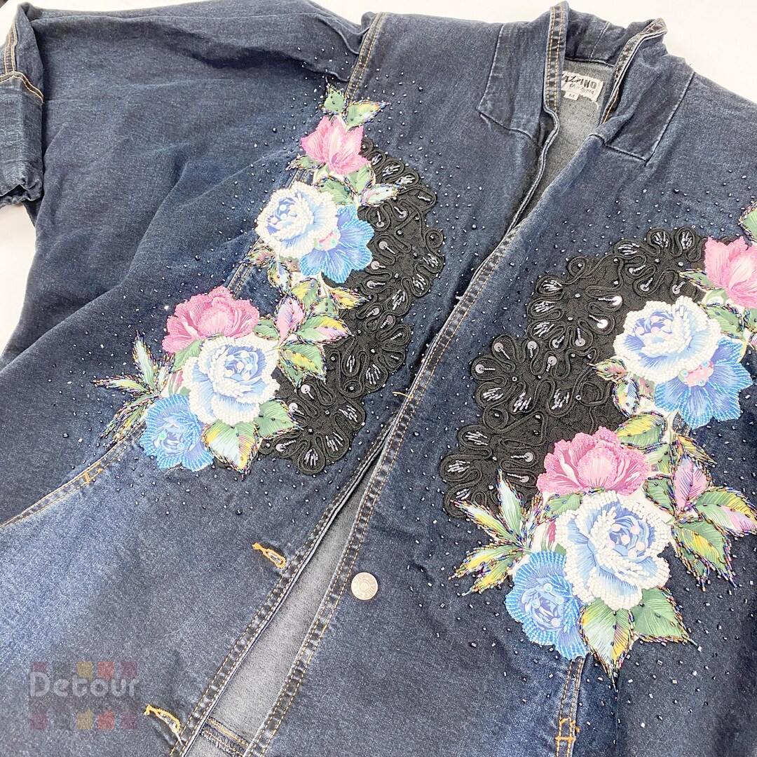 Vintage 1980s Batwing Sequin Jean Jacket Floral Applique - Etsy Canada