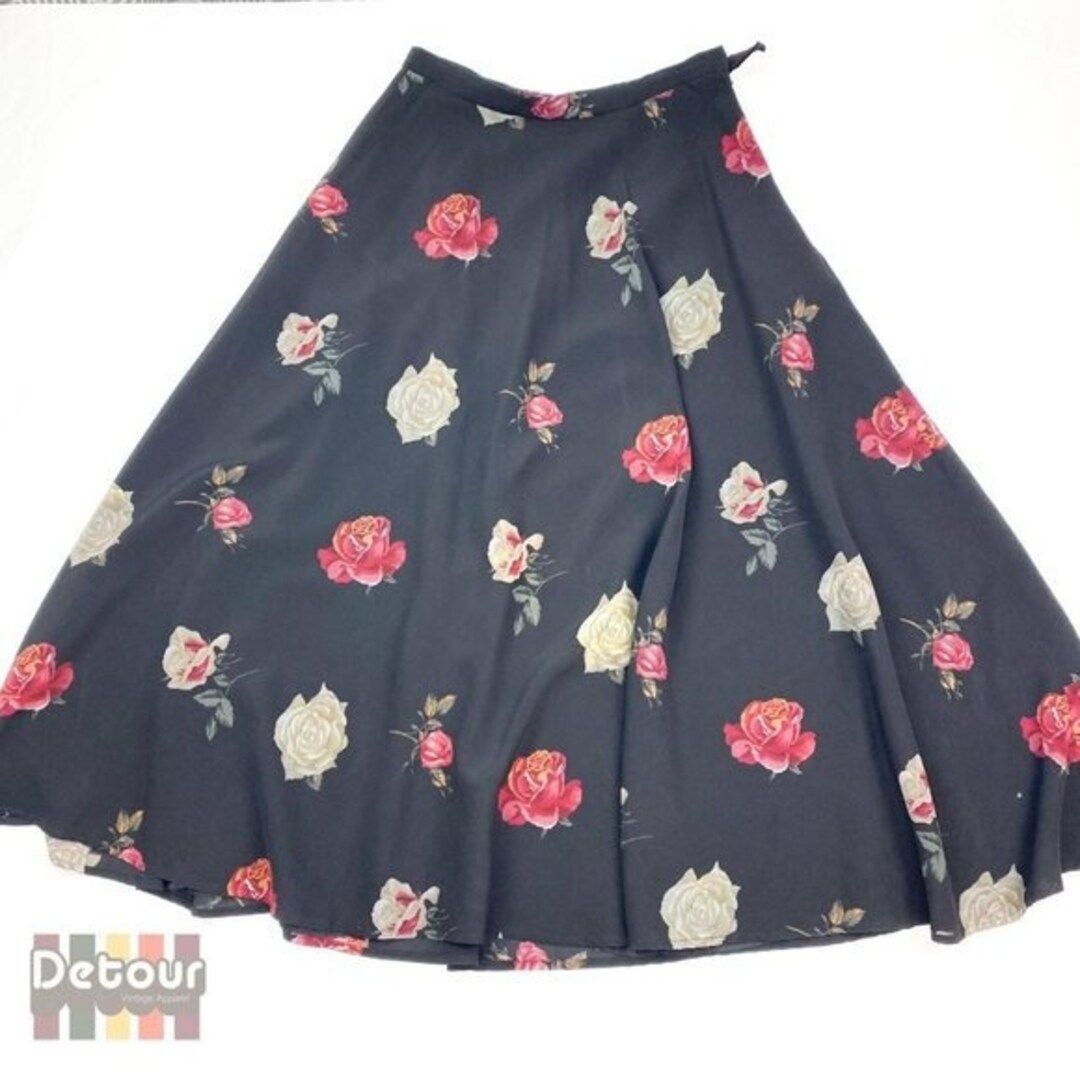 Vintage 1990s Floral Apparel 90s Black Silk Skirt Sz Extra Small Lined ...