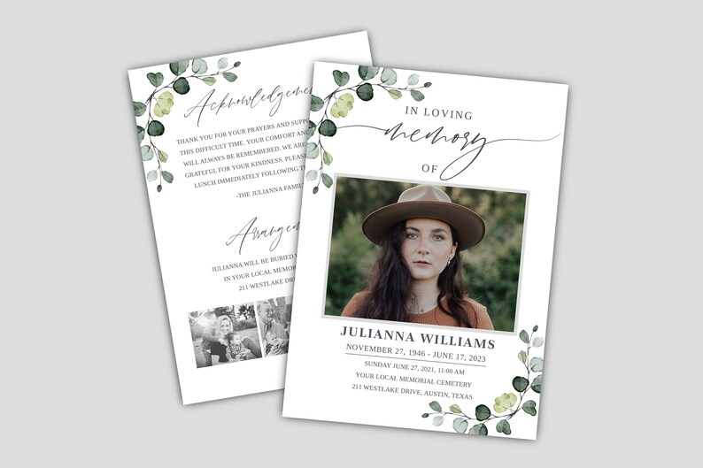 Greenery Funeral Program Template, Watercolor Funeral Program, Memorial ...