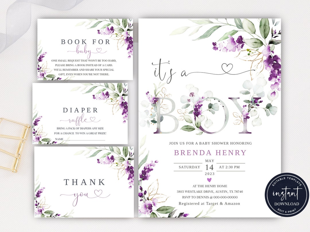 Purple Baby Shower Invitation Set, It’s a Boy Baby Shower Invitation Set, Gender Neutral Baby ...