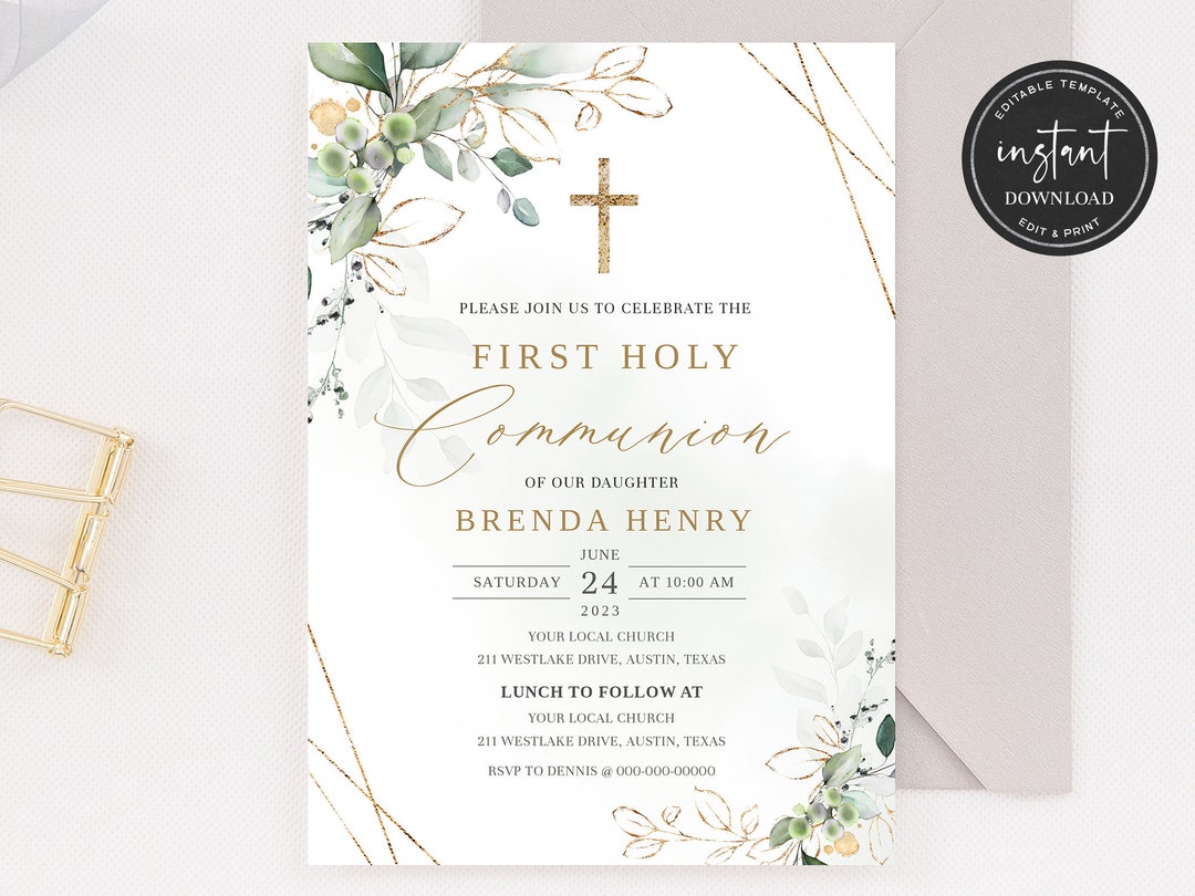 Greenery First Holy Communion Invitation Template, Green & Gold ...
