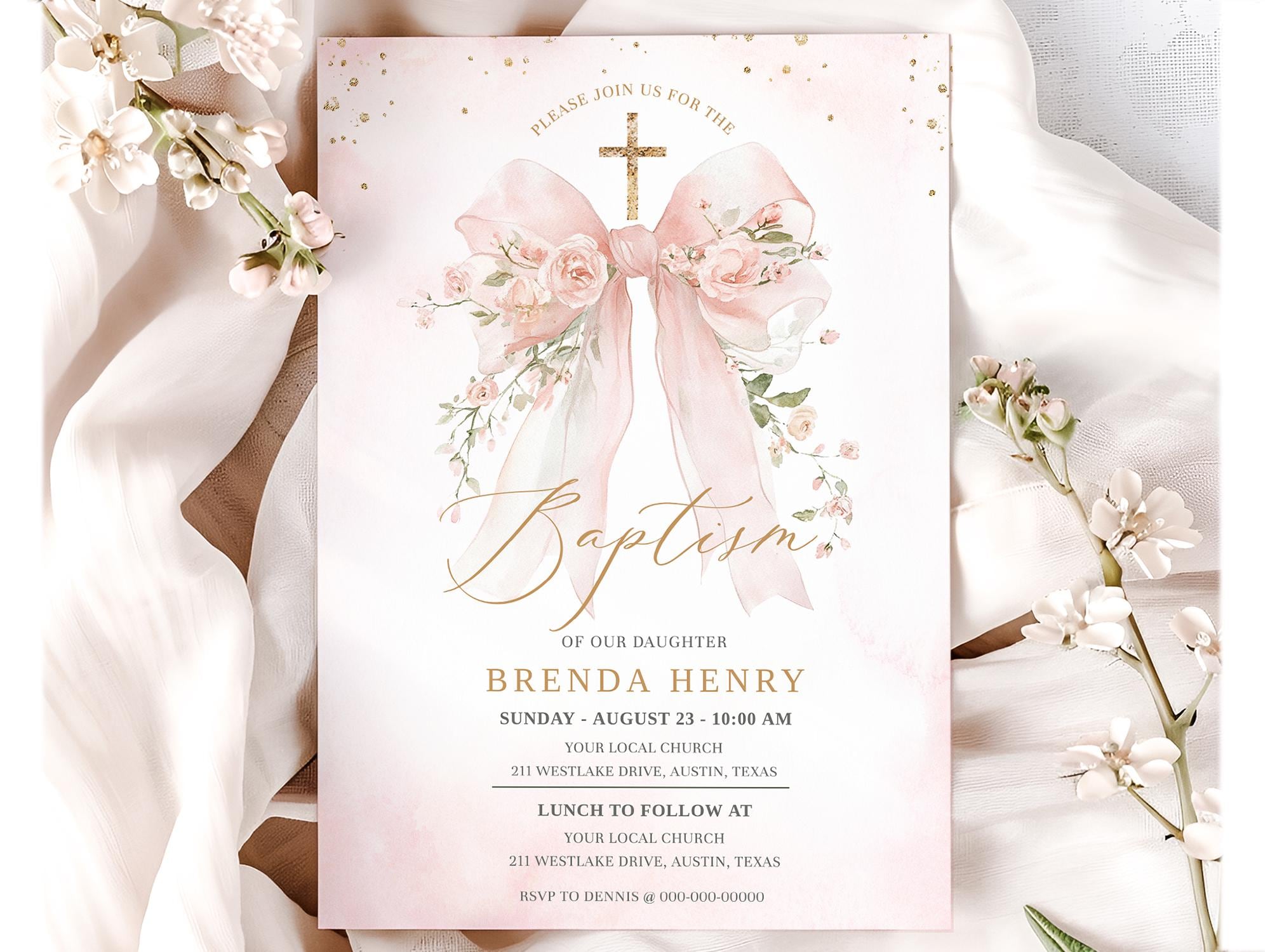 Pink Baptism Invitation Template, Pink Floral Baptism Invitation, Blush ...