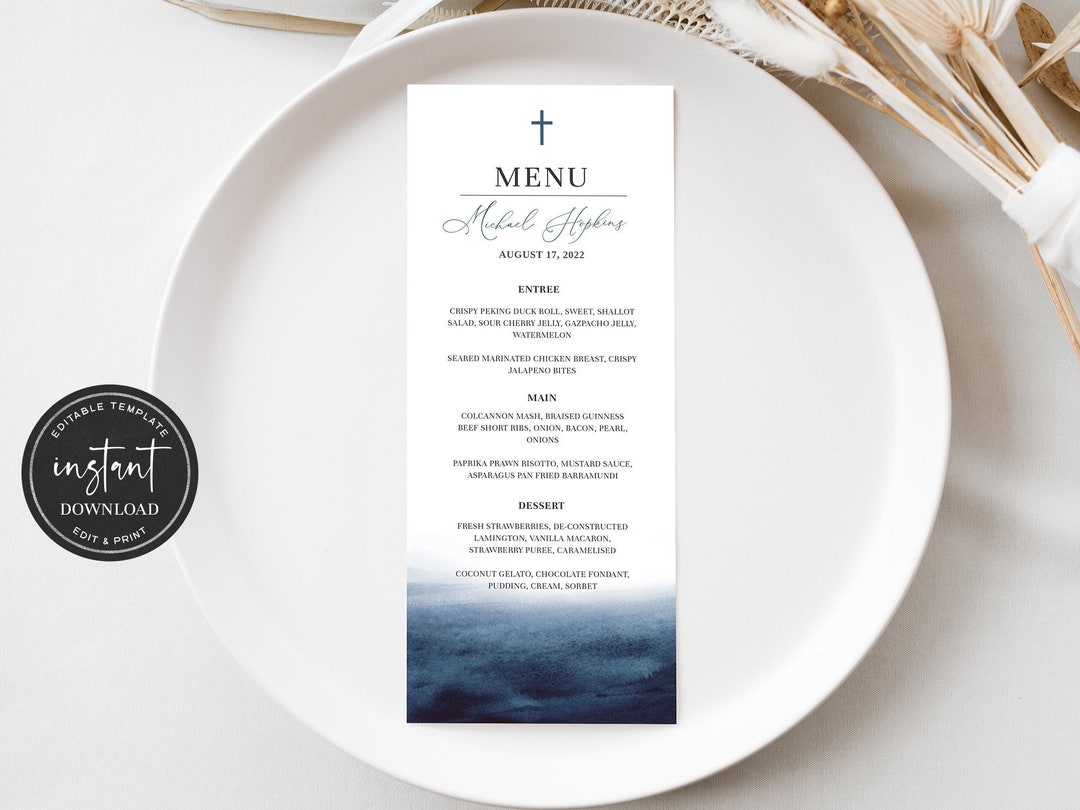 Baptism Menu Template, Blue Baptism Menu, Watercolor Baptism Menu ...