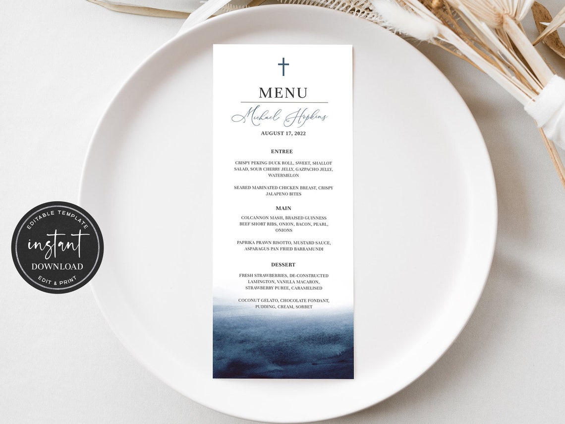 Baptism Menu Template, Blue Baptism Menu, Watercolor Baptism Menu ...