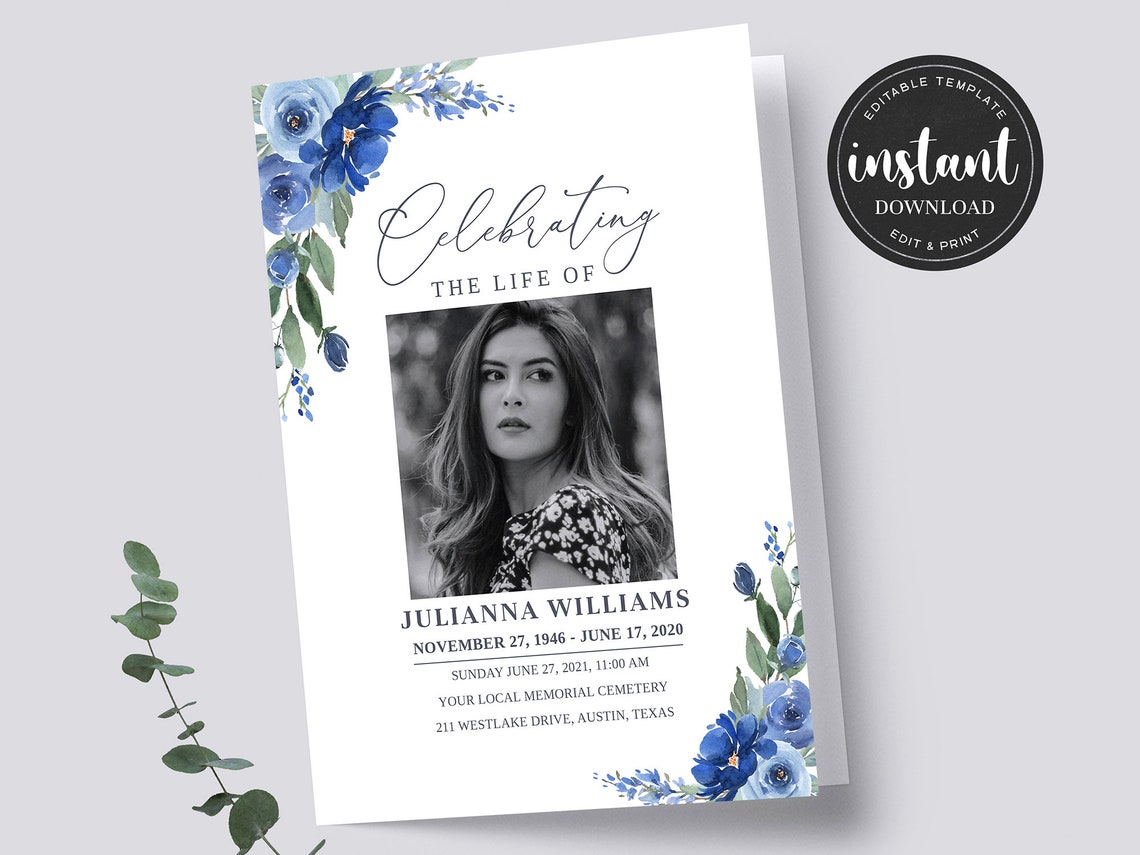Blue Funeral Bundle Template, Editable Memorial Package, Celebration of ...