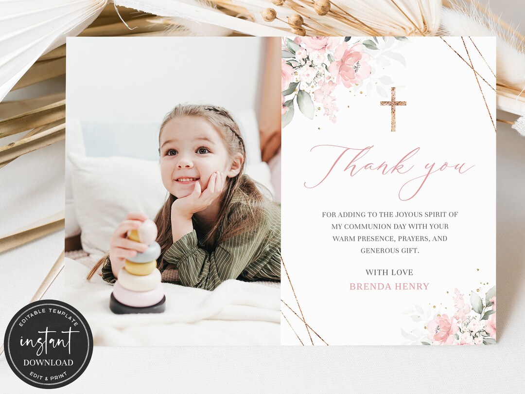 First Communion Thank You Card, Pink First Communion Thank You Card ...