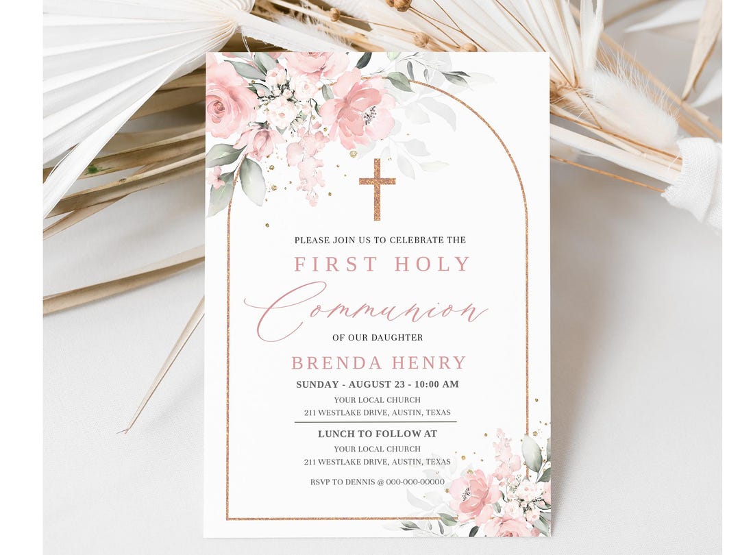 Pink First Holy Communion Invitation Template, Blush Pink First ...
