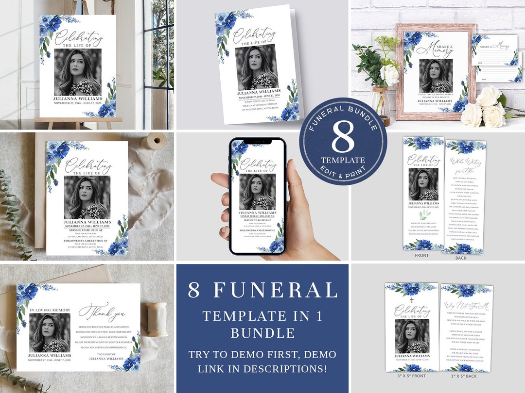 Blue Funeral Bundle Template, Editable Memorial Package, Celebration of ...
