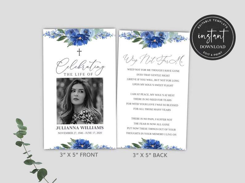 Blue Funeral Bundle Template, Editable Memorial Package, Celebration of ...