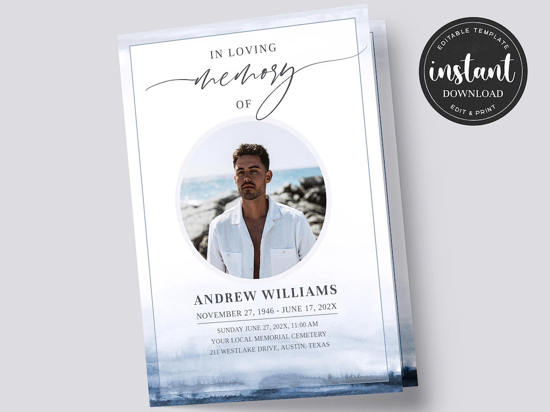 Blue Funeral Program Template Canva, Blue Watercolor Funeral Program ...